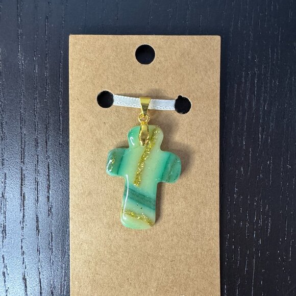 Handmade | Jewelry | Handmade Translucent Green Gold Fleck Cross ...